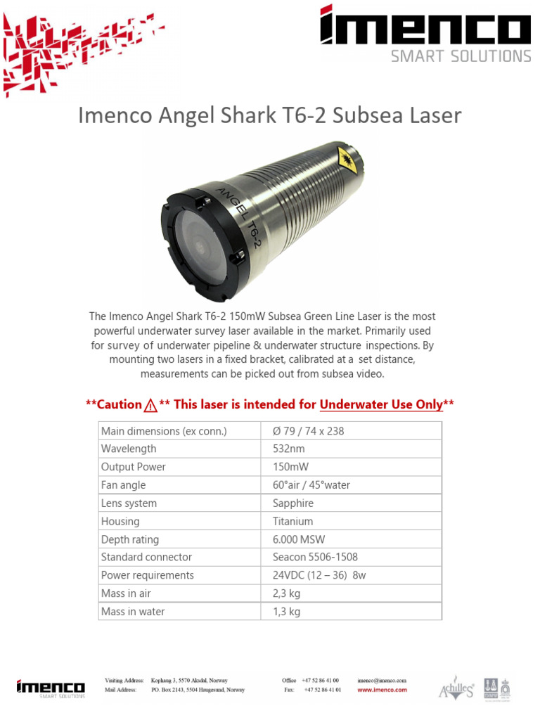 Imenco Angel Shark T6 2 150mW Subsea Green Line Laser | PDF