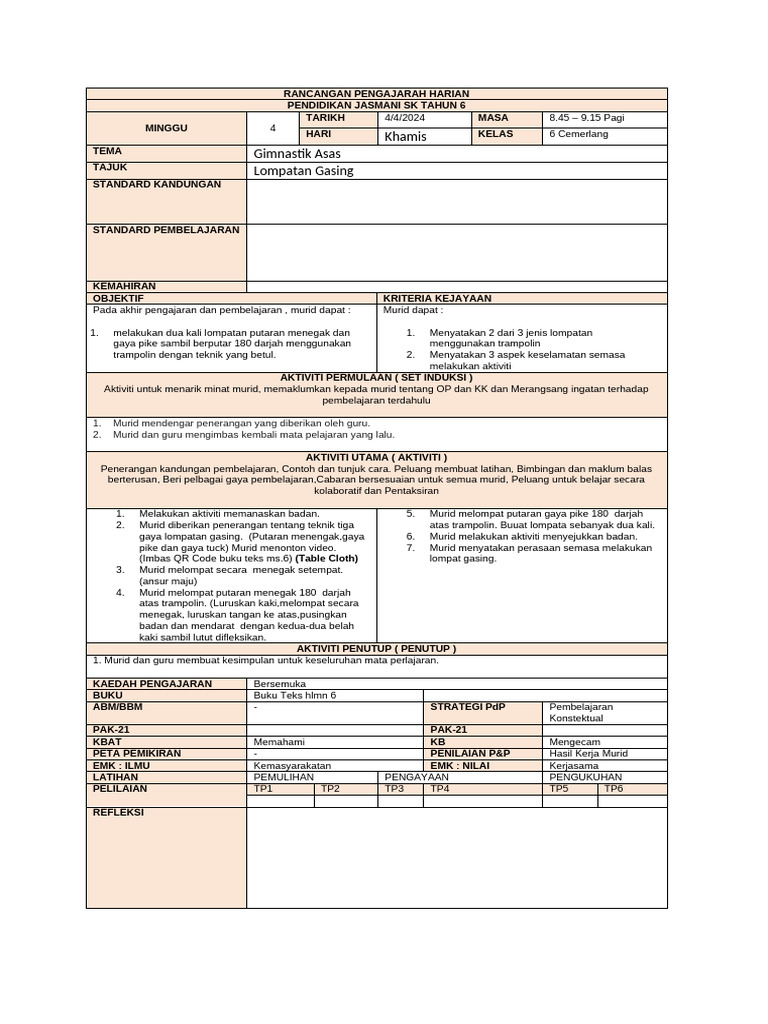 Minggu 4 Pendidikan Jasmani SK Tahun 6 | PDF