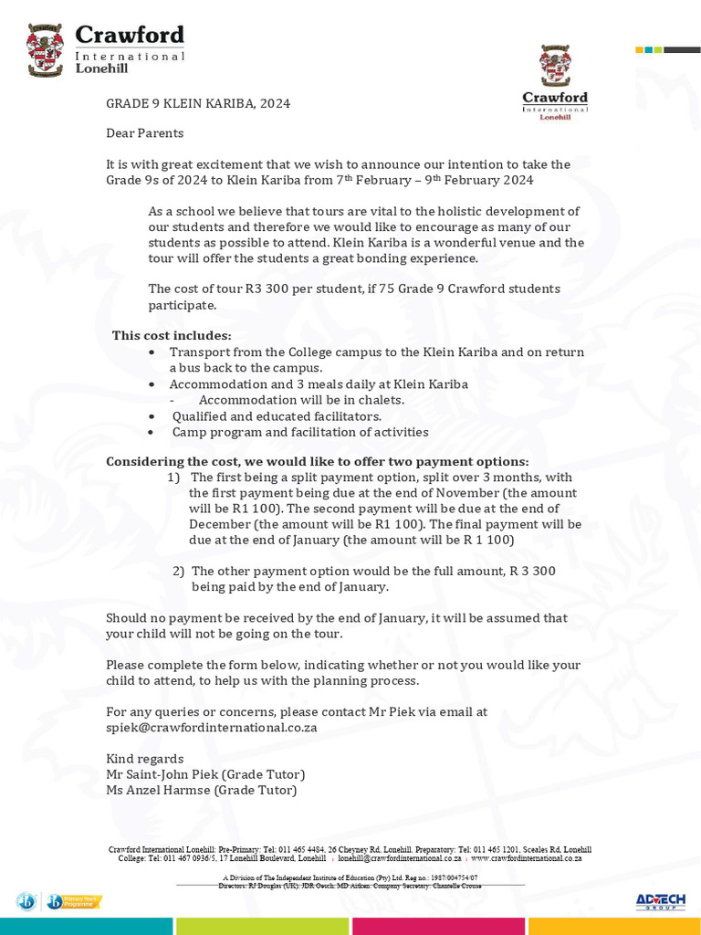 Grade 9 2024 Tour Letter | PDF | Family