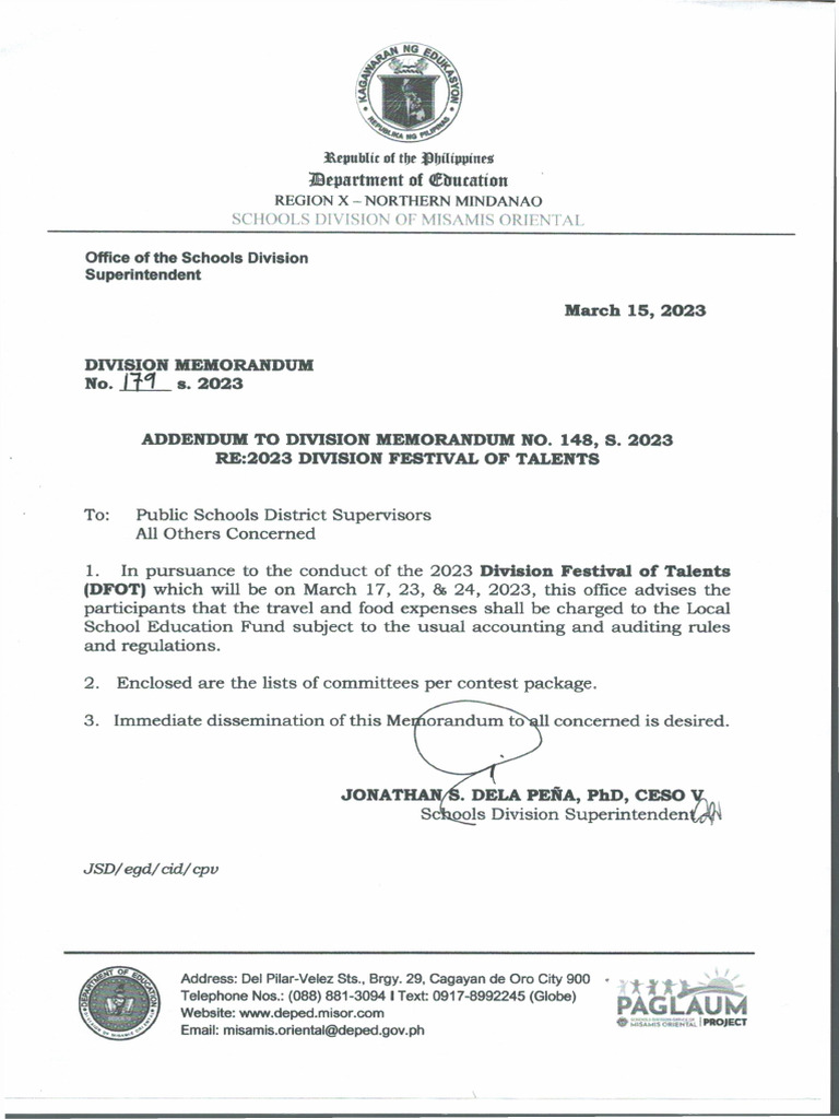 DM 179 S 2023 Addendum To Division Memo No. 148 S. 2023 Re 2023 ...