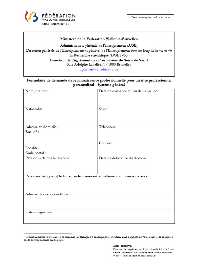 Formulaire de Demande de Reconnaissance Paramedical Systeme General | PDF