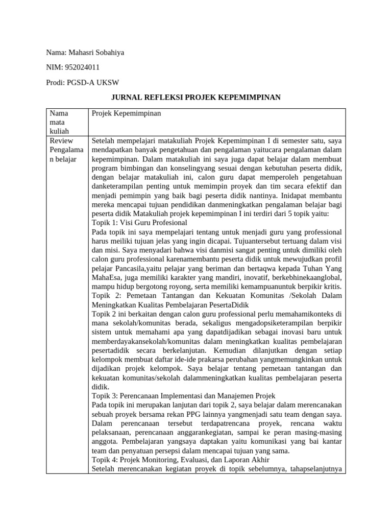 Jurnal Refleksi Projek Kepemimpinan | PDF