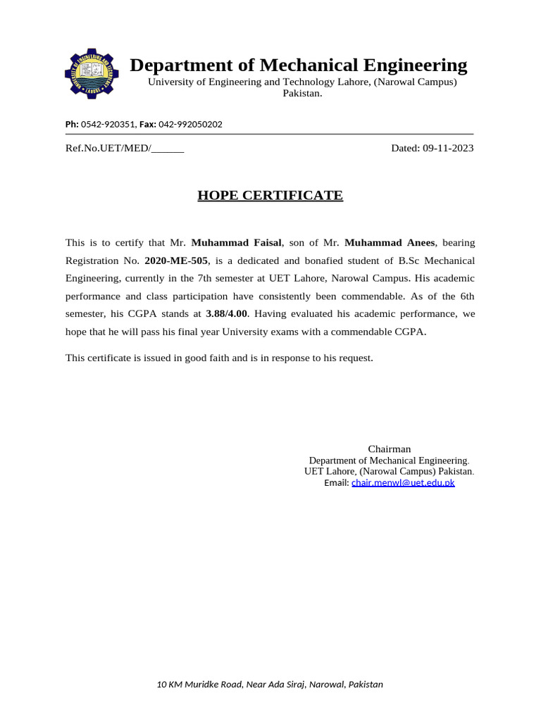 Hope Certificate UET | PDF