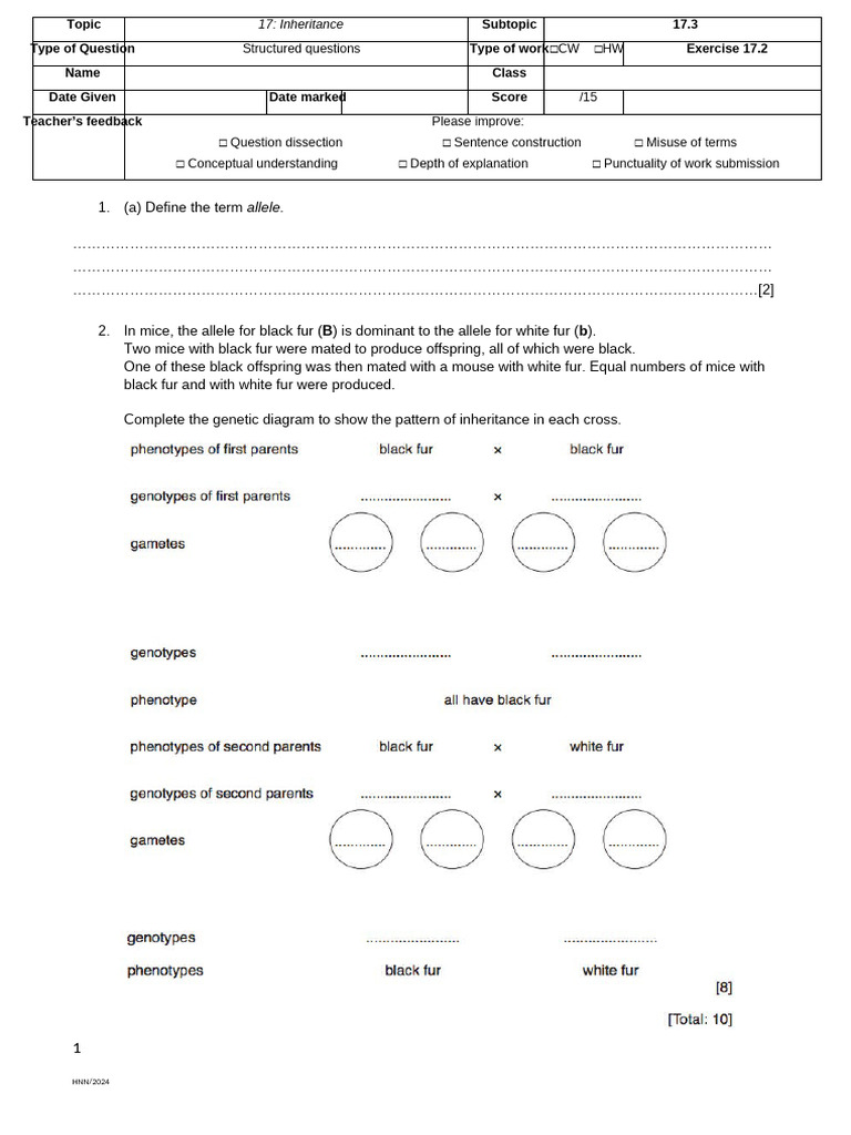 Inheritance and Genetic Diagram Exercises | PDF | Genetics ...