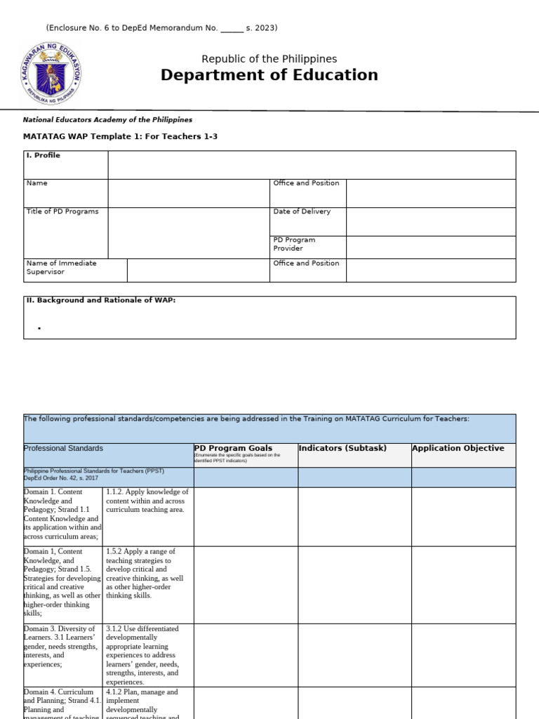 MATATAG WAP Template 1 for Teachers | PDF