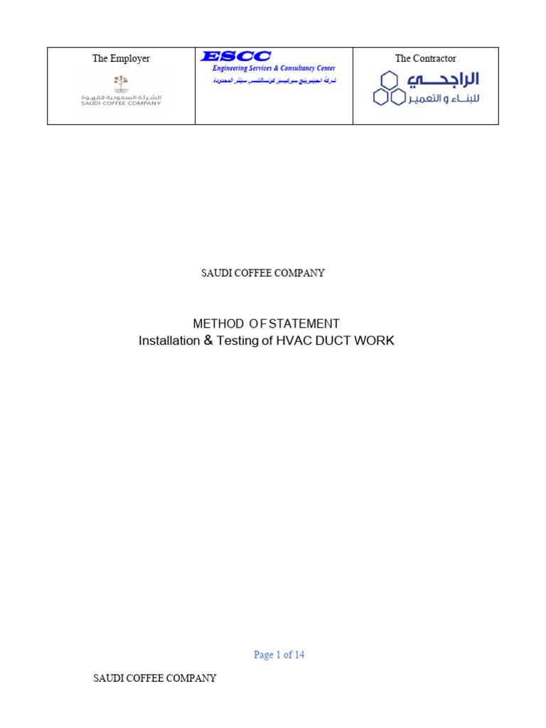 Method of Statement Installation & Testing of HVAC DUCT WORK | PDF