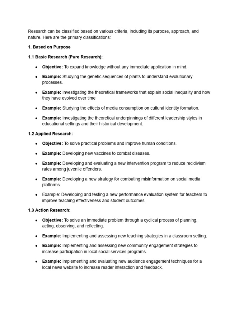 Types of Research: Purpose, Approach, Nature | PDF | Quantitative ...