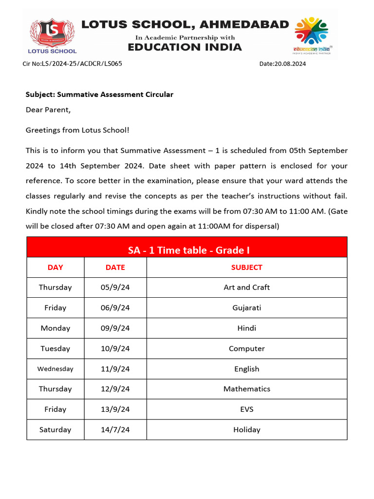 Grade 1 SA1 Circular | PDF