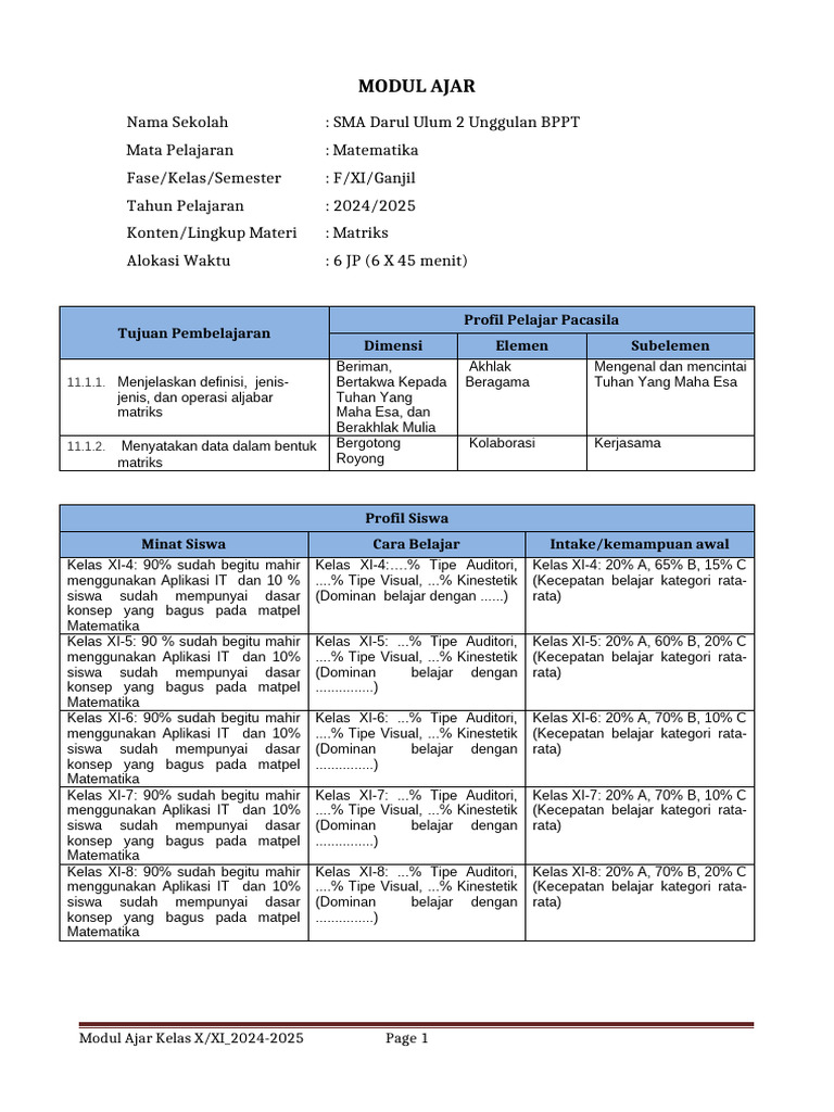 Modul Ajar Matriks | PDF