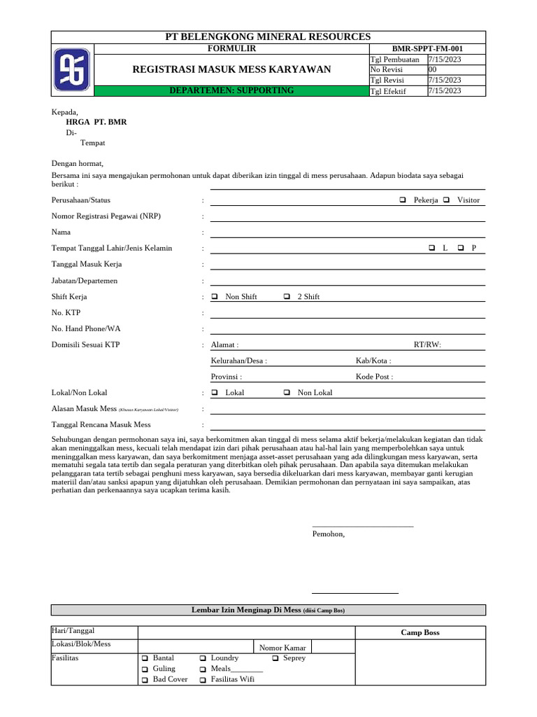 BMR-SPPT-FM-001_REV. 00_FORM MASUK MESS PERUSAHAAN | PDF