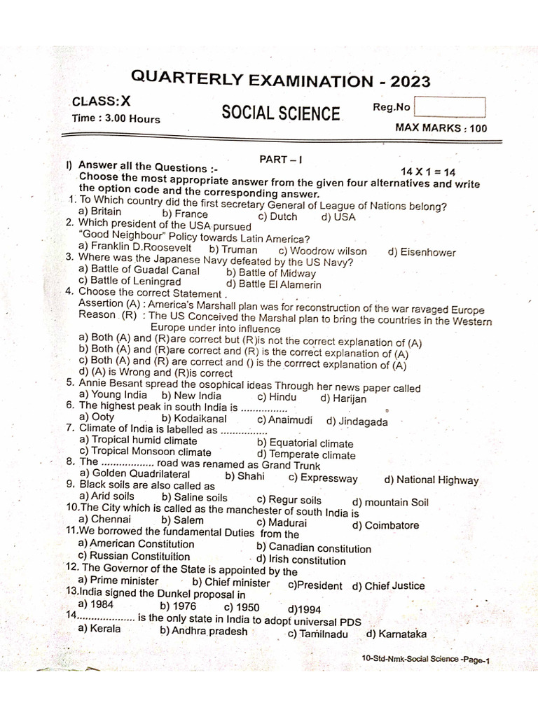 10th Social EM Quarterly Exam 2023 Original Quesiton Paper With Answer ...