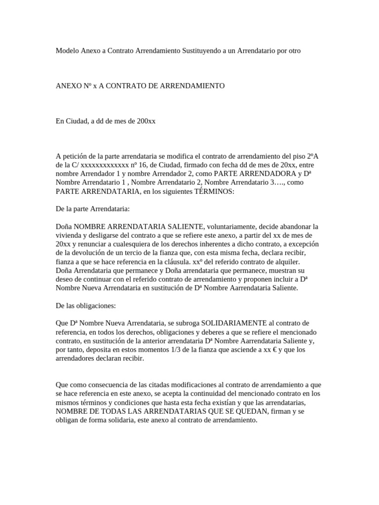 Modelo Anexo A Contrato Arrendamiento Sustituyendo A Un Arrendatario (Solidario o No) Por Otro | PDF
