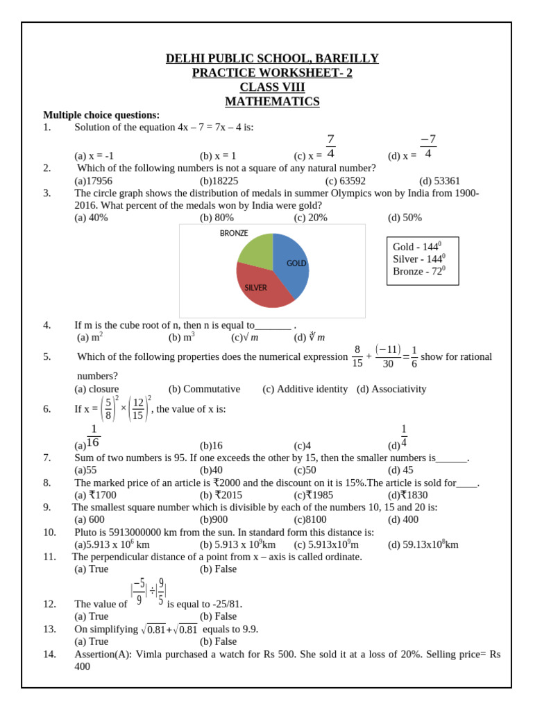 Practice Worksheet 2- Mathematics Class VIII | PDF