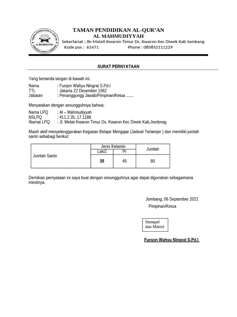 Surat Pernyataan TPQ | PDF
