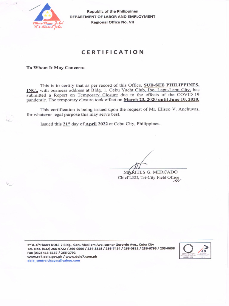 DOLE Certification | PDF