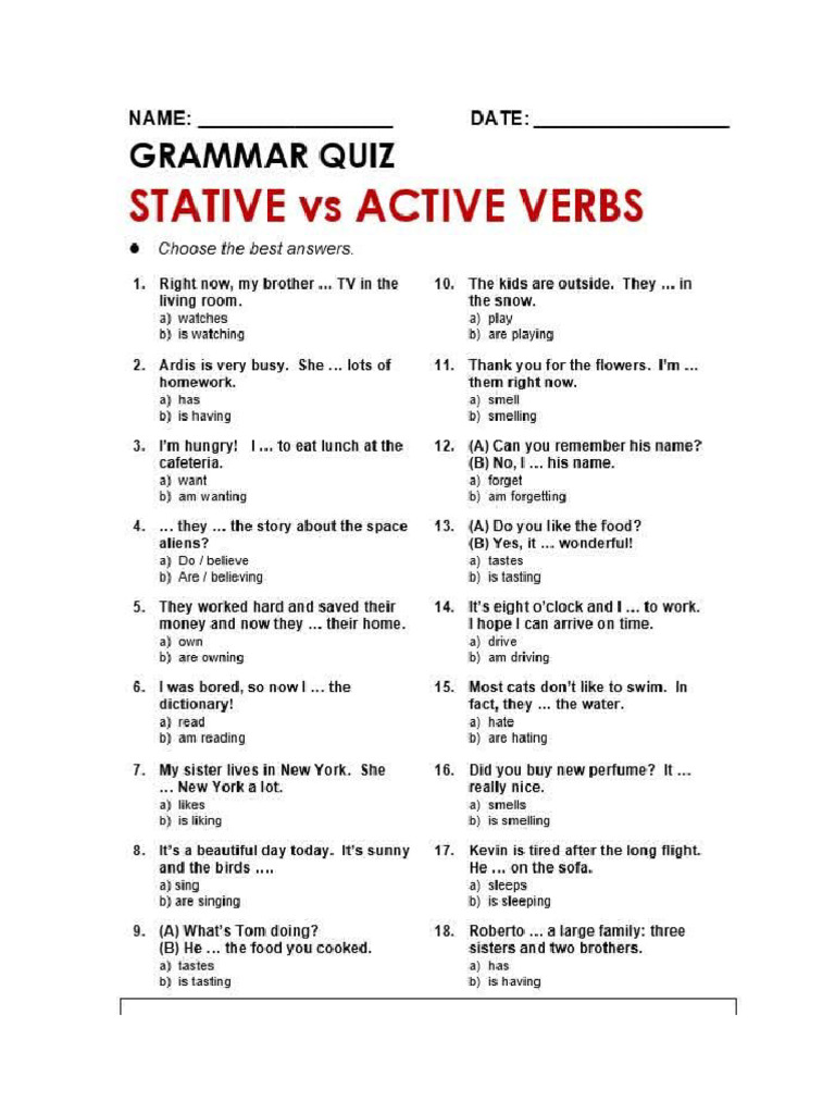 Dynamic Vs Stative Verbs | PDF