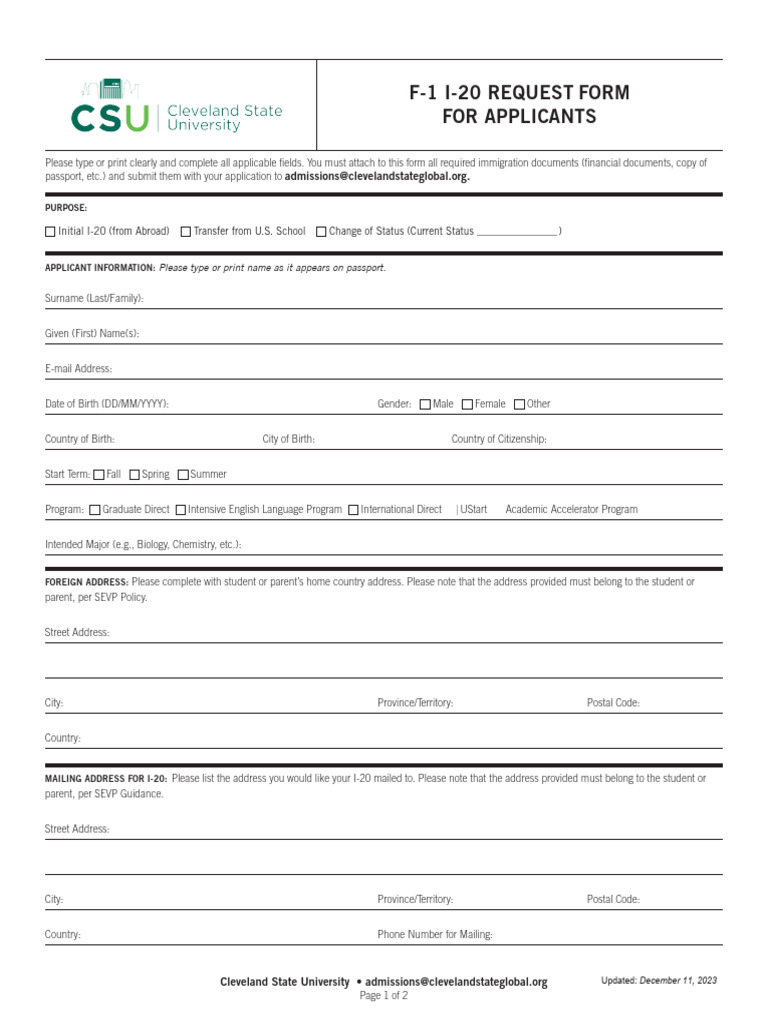 CSU - I 20 Request Form UG and PG - 5.29 | PDF