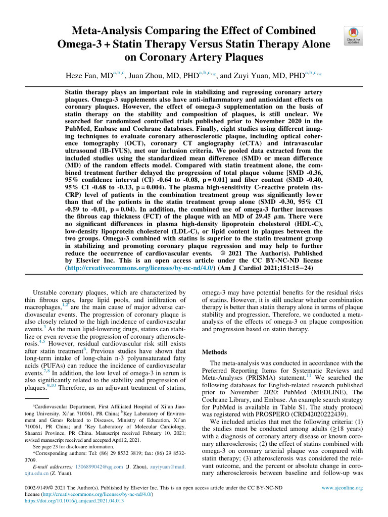 Meta-Analysis Comparing The Effect of Combined Omega-3+ Statin Therapy Vs Statin Therapy Alone ...