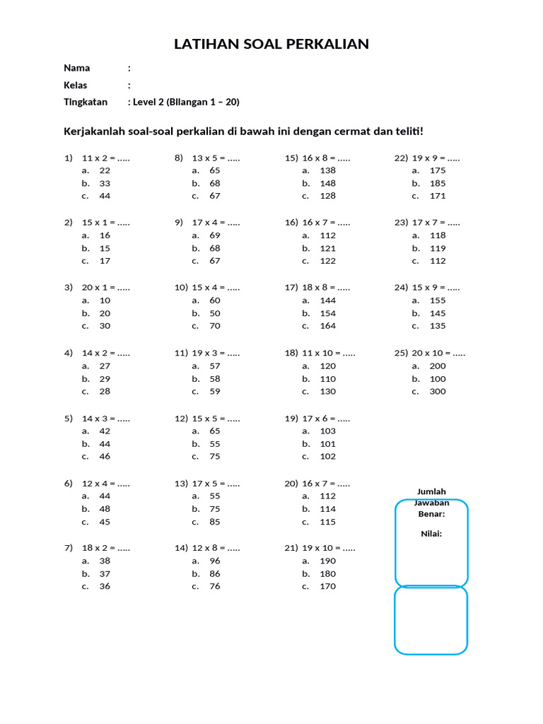 Soal Perkalian Level 2 Bilangan 1 - 20 | PDF