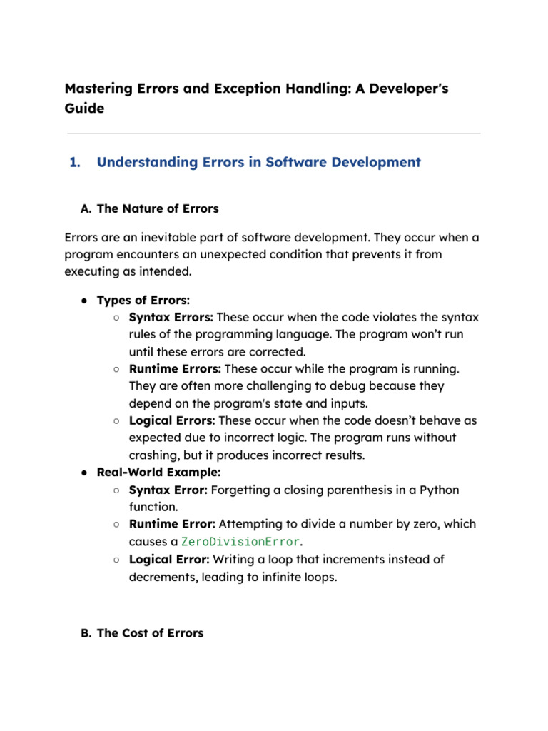 Errors and Exception Handling - A Developer's Guide | PDF