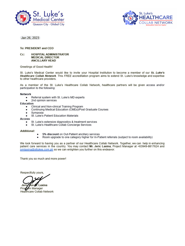 St. Luke's Healthcare Collab Network Invitation Letter | PDF