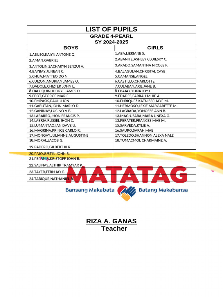 List of Pupils Template Sy 2024 2025 | PDF