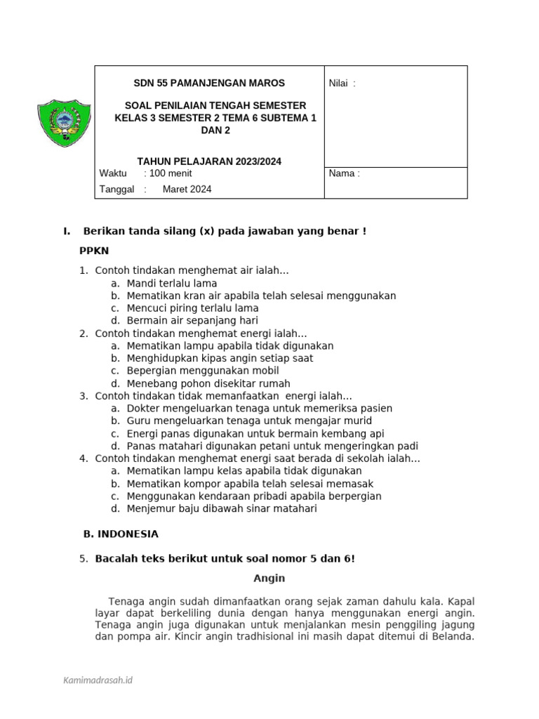 SOAL PTS KELAS 3 (Tema 6 Sub 1 2) - Kamimadrasah | PDF