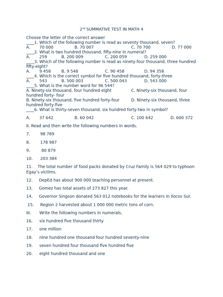 2ND Summative Test Q1 Math Matatag | PDF