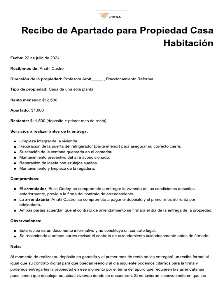Recibo Apartado Anahí Castro..docx - 20240722 - 201149 - 0000 | PDF ...