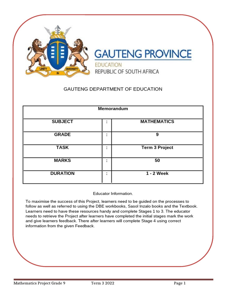 Exemplar Project Grade 9 Memorandum | PDF