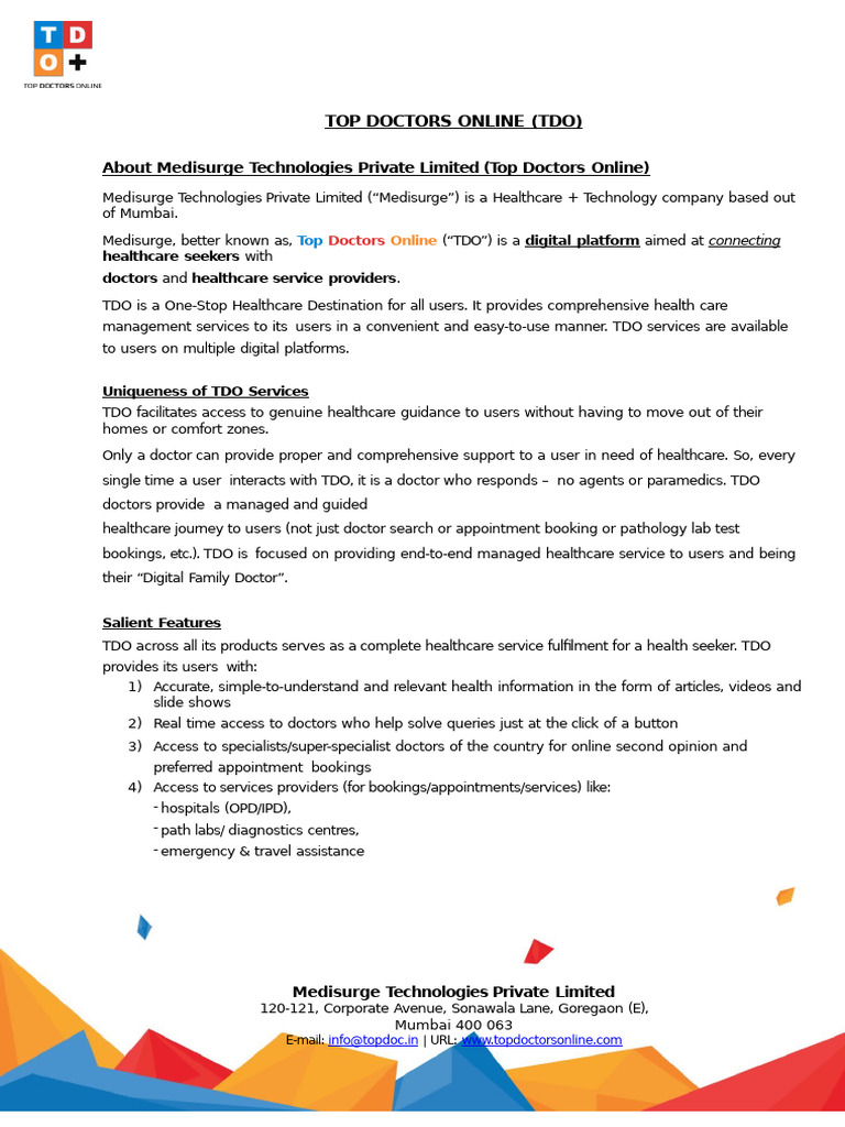 MTPL Company Profile - TopDoctorsOnline (TDO) | PDF