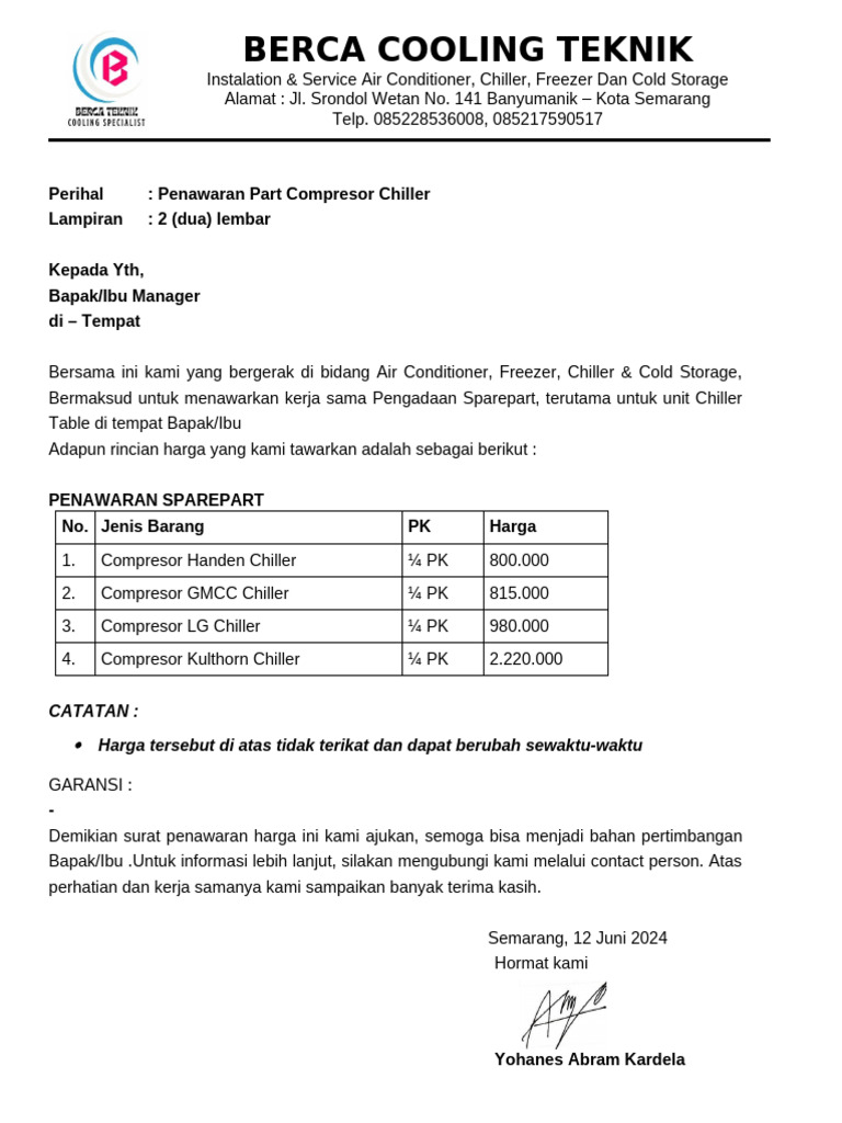 Surat Penawaran Sparepart | PDF