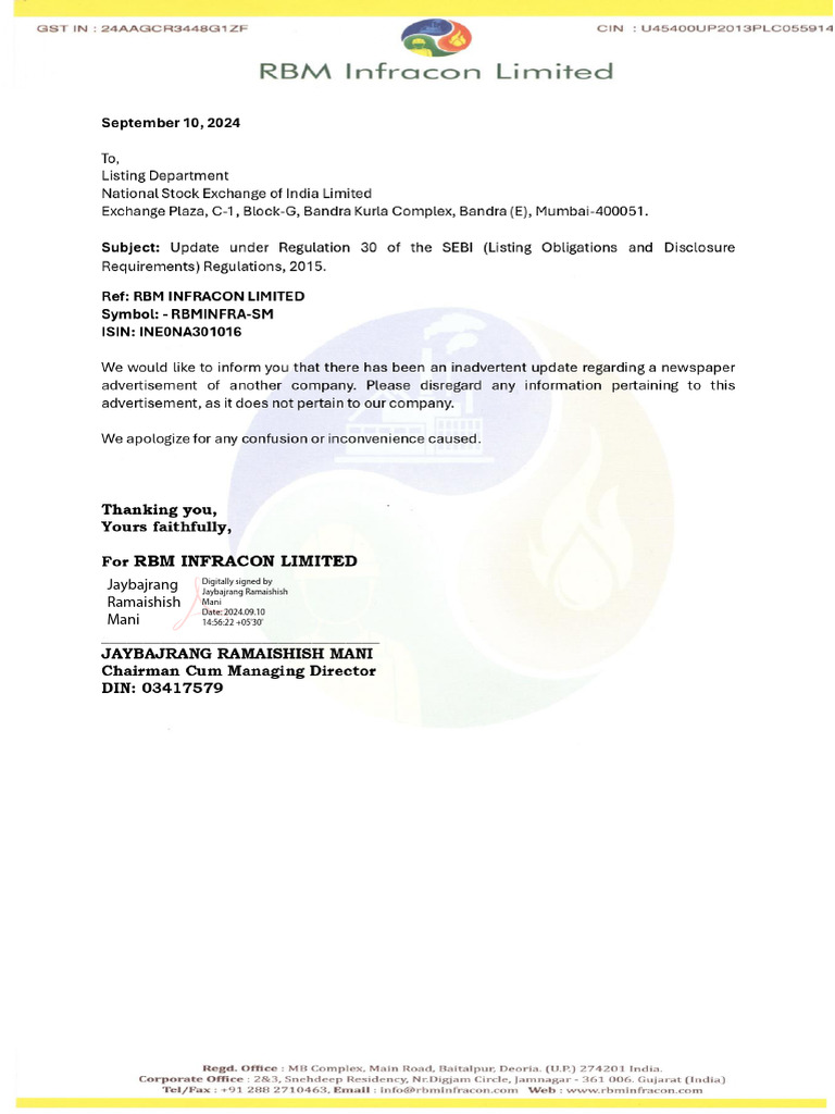 RBM Infracon Limited Update Notice | PDF