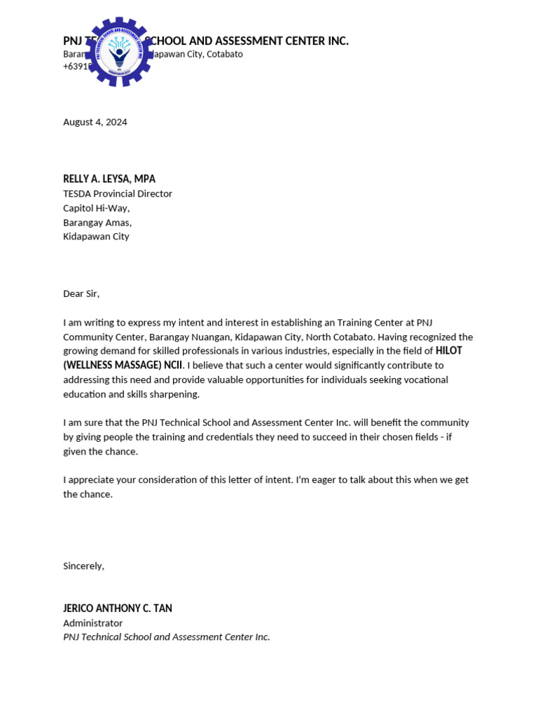 Letter of Intent For Training Center | PDF