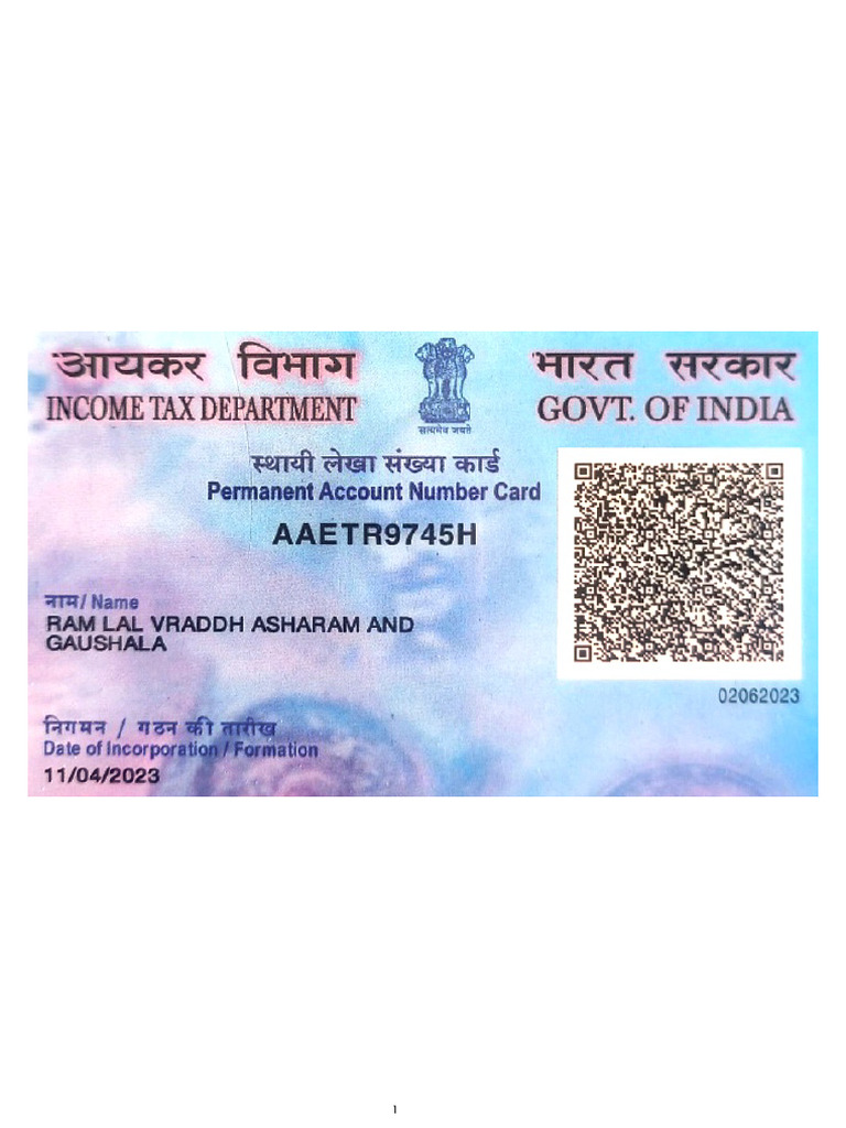 Pan Card Ram Lal Vriddhashram Va Gaushala | PDF