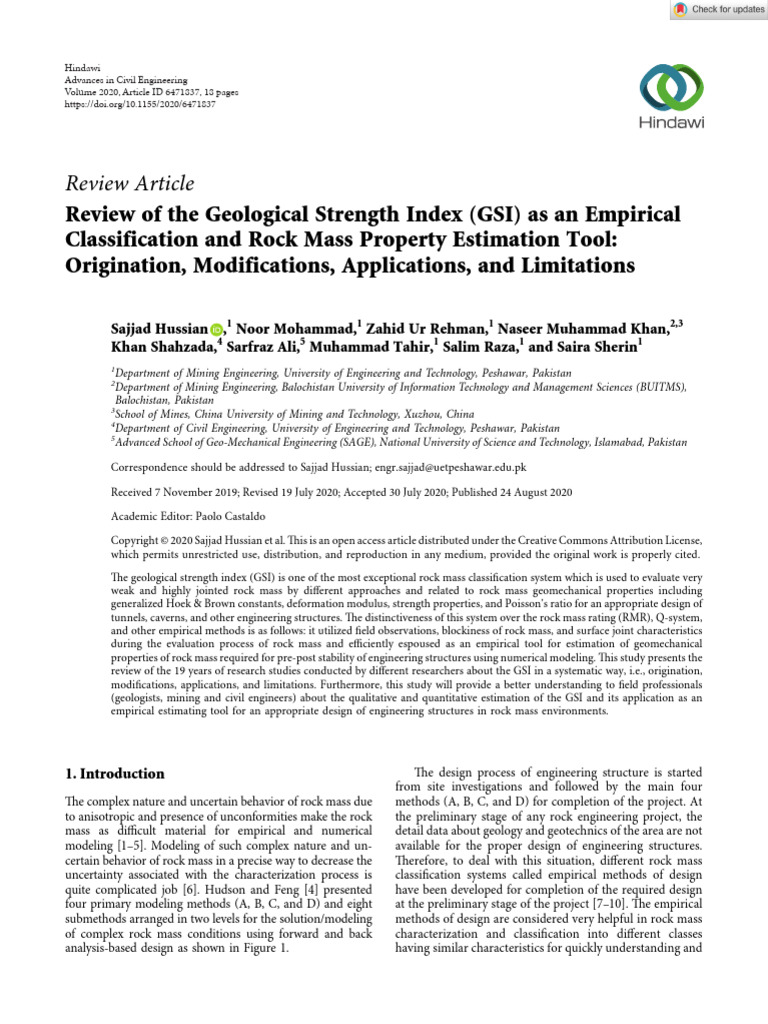 Advances in Civil Engineering - 2020 - Hussian - Review of The Geological Strength Index GSI As ...