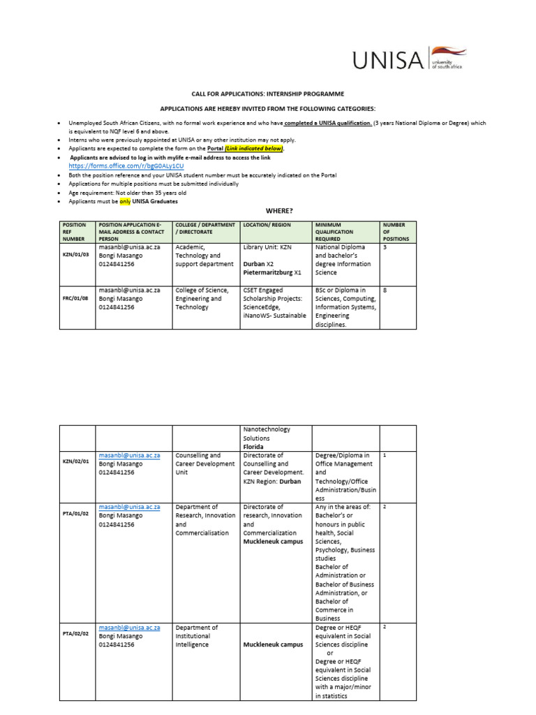151 Unisa Internships For Unisa Graduates 1687434469 | PDF