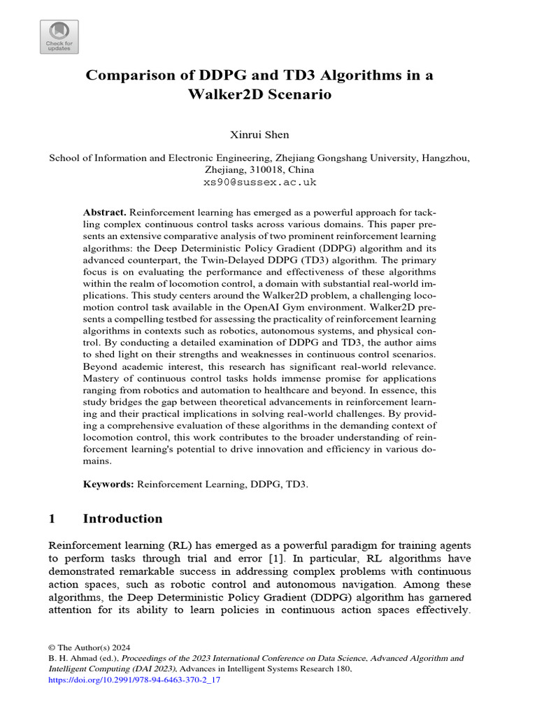 Comparison of DDPG and TD3 Algorithms in A Walker2D Scenario | PDF