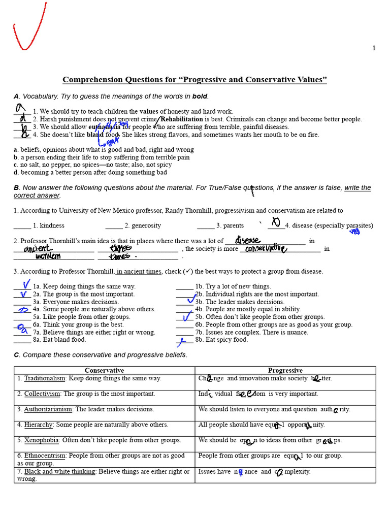 Comprehension Questions For "Progressive and Conservative Values" | PDF