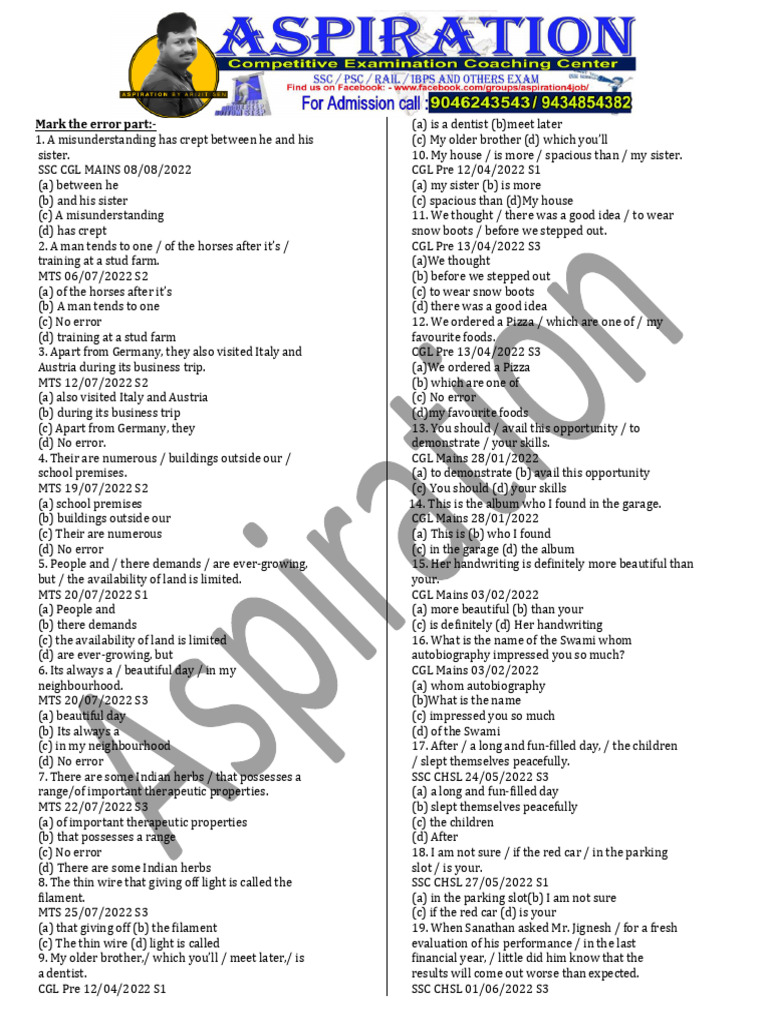 Pronoun practice set (SSC previous year) | PDF