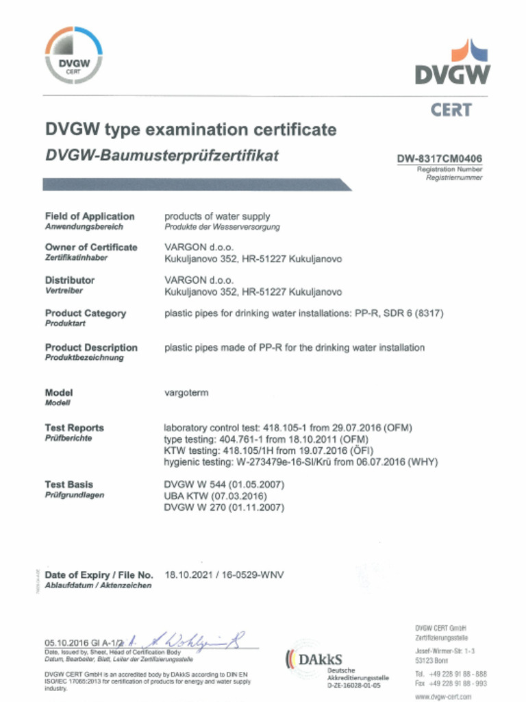 DVGW - DW-8317CM0406 - Novi Certifikat, Vrijedi Do 18.10.2021 | PDF