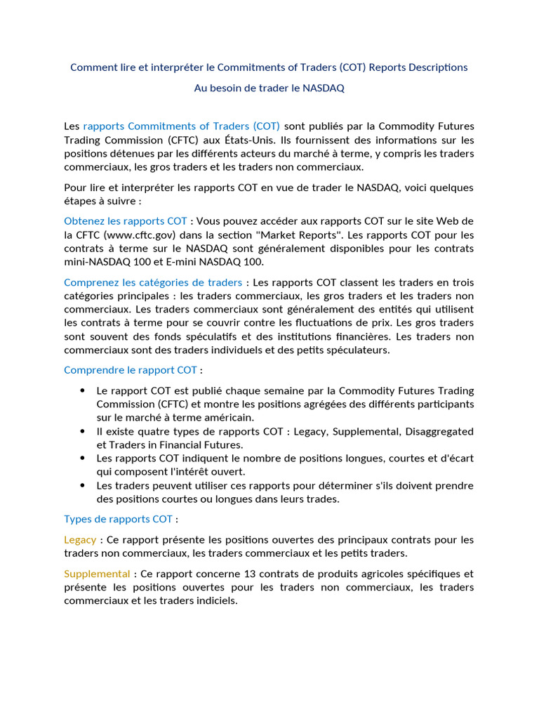 Comment Lire Et Interpréter Le Commitments of Traders COT Reports Descriptions Au Besoin de ...