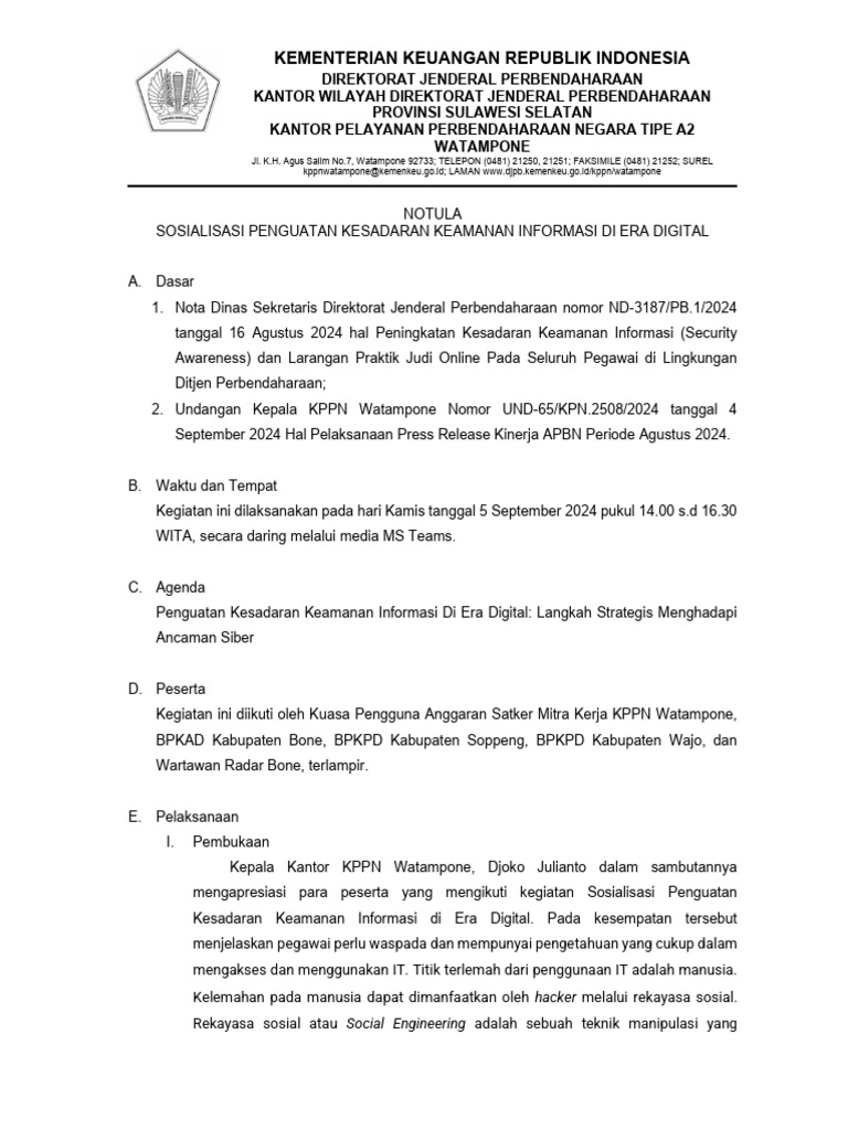 Sosialisasi Penguatan Kesadaran Keamanan Informasi Di Era Digital | PDF