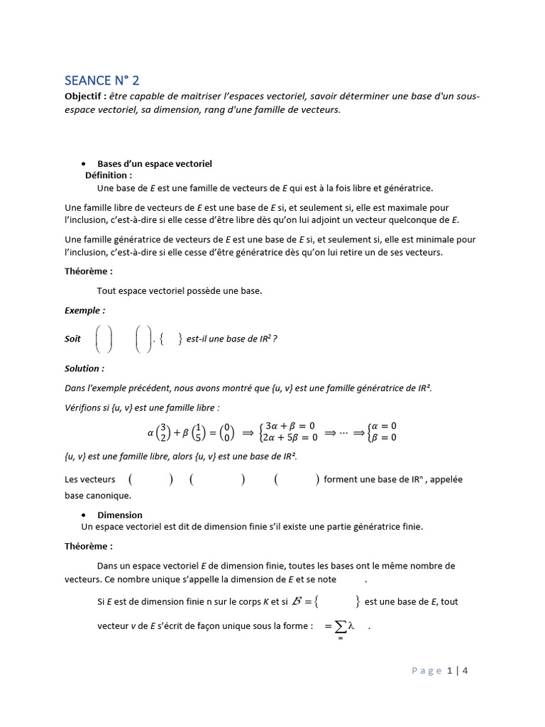Séance 2 Espaces Vectoriels | PDF