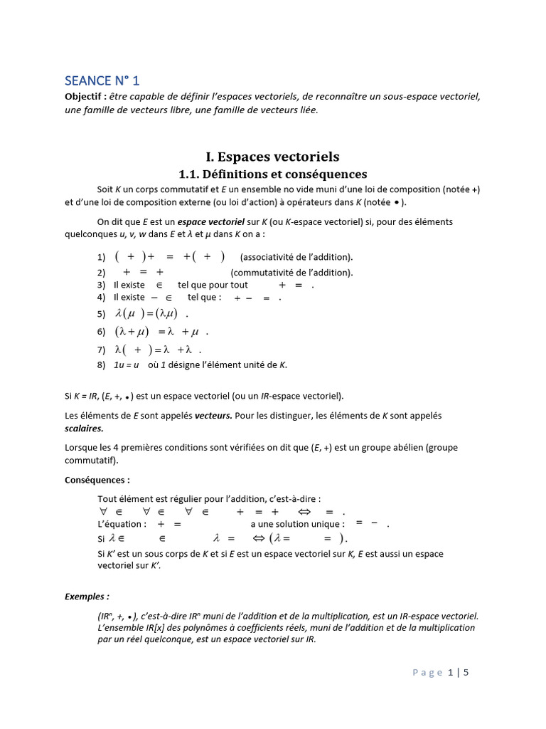 Seance 1 Espaces Vectoriels | PDF