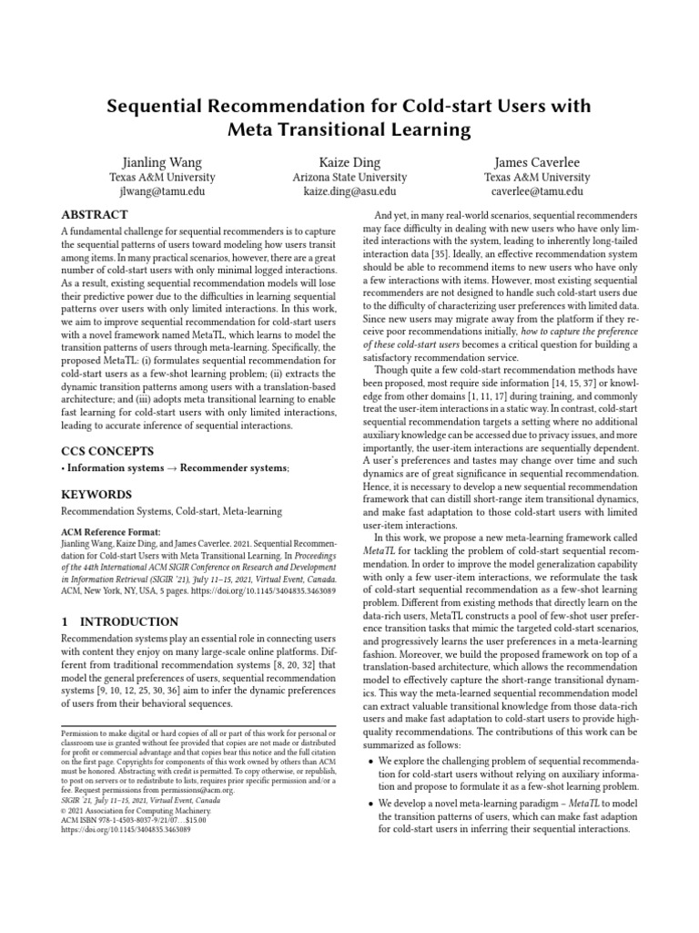 Sequential Recommendation For Cold-Start Users With | PDF