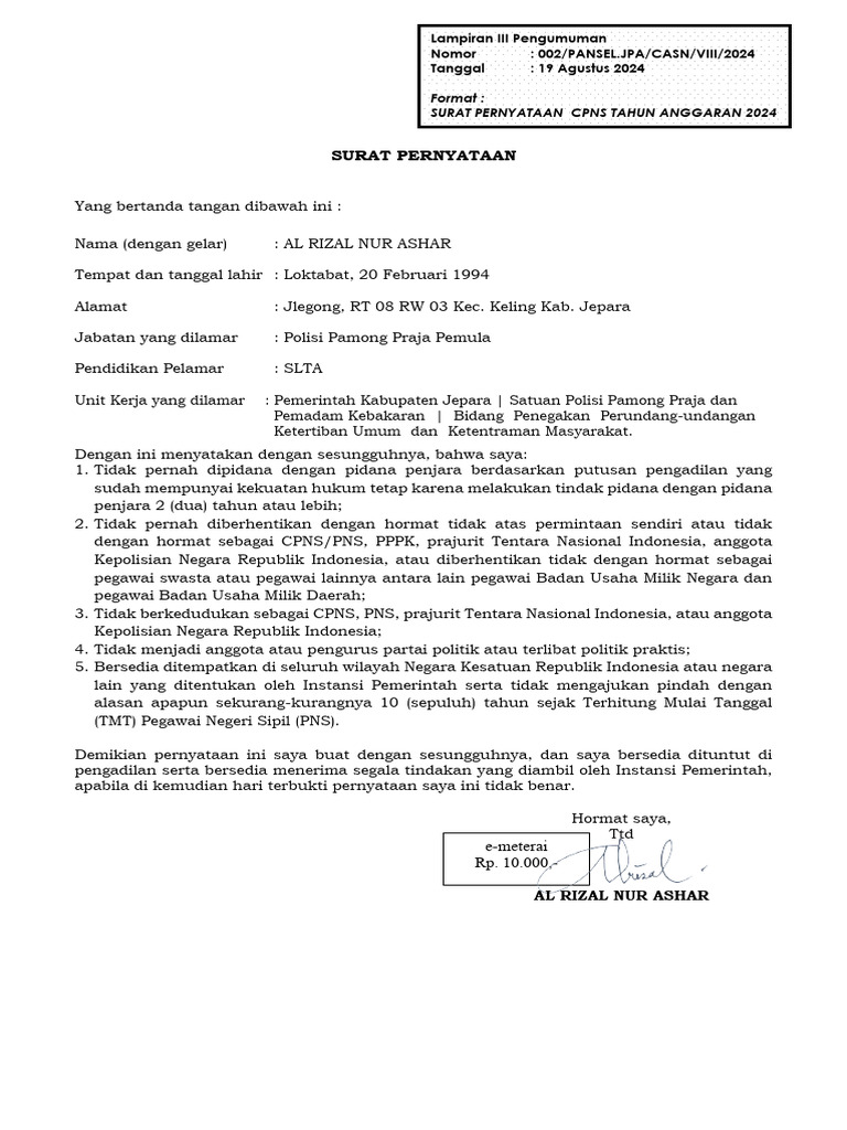 Lampiran III - Surat Pernyataan | PDF