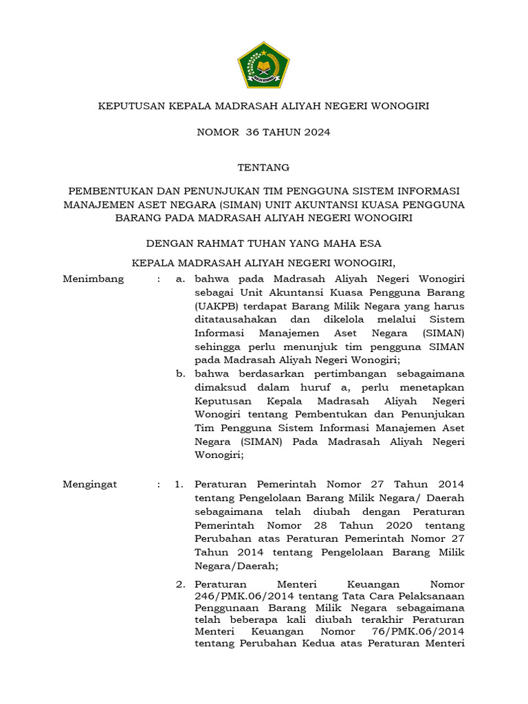 SK - SIMAN - V2 - Kanwil Baru MAN | PDF