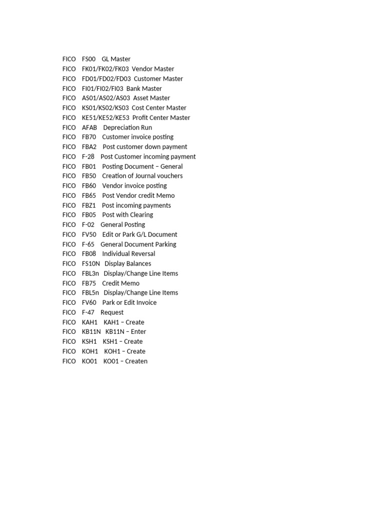 Sap Fico Module T-Codes 2024 | PDF