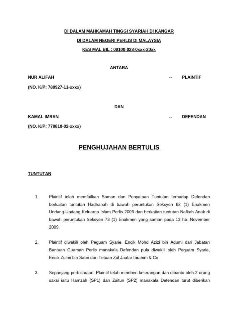 Hujah Plaintif (+hak Jagaan Anak) 1 | PDF